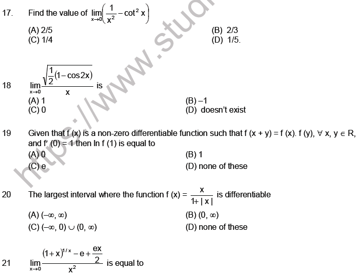 JEE Mathematics Limits Continuity and Differentiability MCQs Set A with ... JEE Mathematics Limits Continuity and Differentiability MCQs Set A with ...